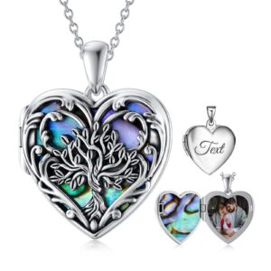 soulmeet personalized silver tree of life locket abalone shell heart locket necklace that holds picture custom any photo letters engraving (custom photo & text)