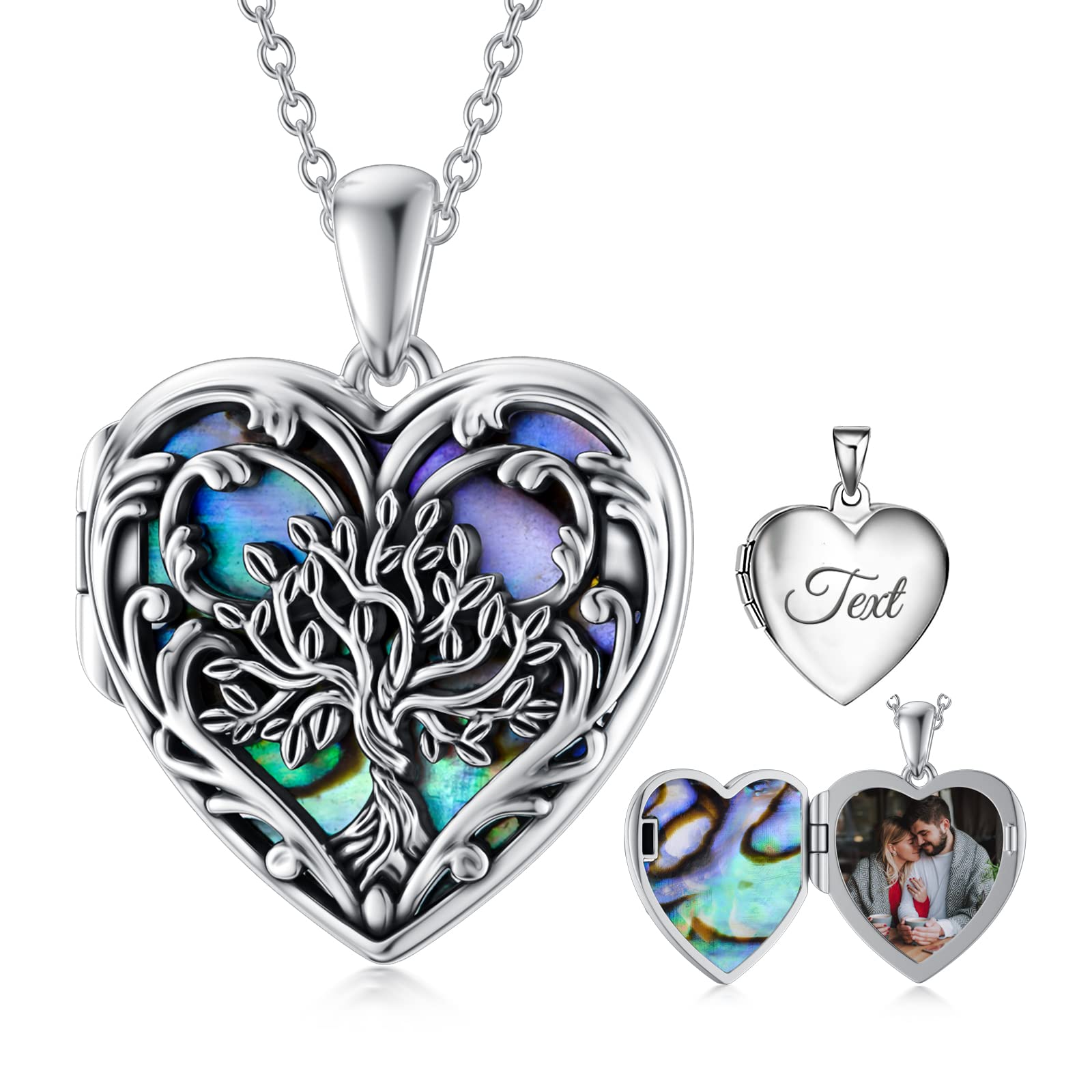 SOULMEET Personalized Silver Tree of Life Locket Abalone Shell Heart Locket Necklace That Holds Picture Custom Any Photo Letters Engraving (Custom Photo & Text)