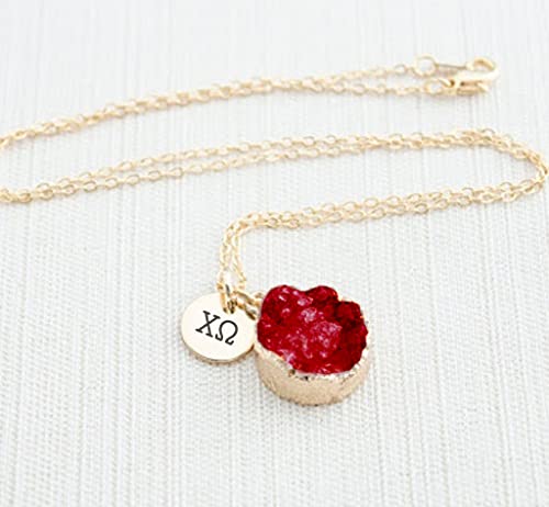 Sorority Shop CO Necklace - Chi Omega Red Druzy Gemstone Necklace With Engraved Pendant – 14K Gold Dipped Jewelry with Red Gemstone – Sorority Gift, Charm Paraphernalia