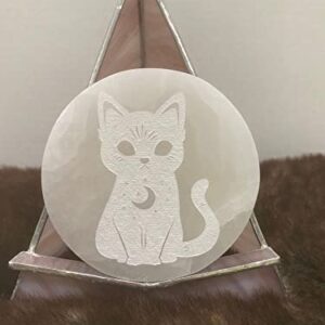 CrystalsAhoy ~3" Etched Selenite Charging Plate, A5068 Cat Design, Charge Your Crystals Jewelry and More