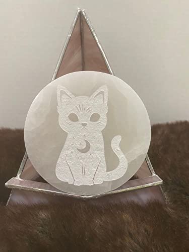 CrystalsAhoy ~3" Etched Selenite Charging Plate, A5068 Cat Design, Charge Your Crystals Jewelry and More