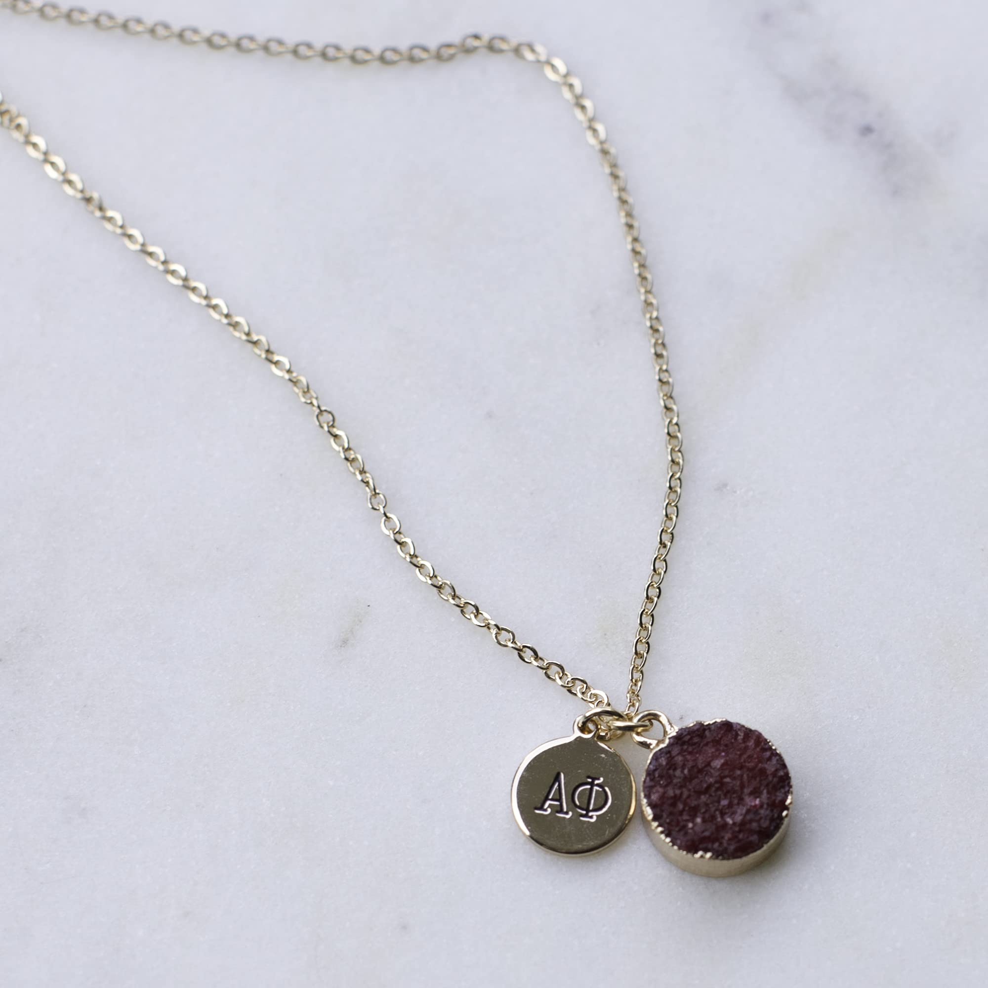 Sorority Shop CO Necklace - Chi Omega Red Druzy Gemstone Necklace With Engraved Pendant – 14K Gold Dipped Jewelry with Red Gemstone – Sorority Gift, Charm Paraphernalia