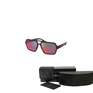 Prada PS01XS DG008F 59MM Black Rubber/Dark Grey Mirror Blue/Red Rectangular Sunglasses for Men + BUNDLE With Designer iWear Eyewear Kit