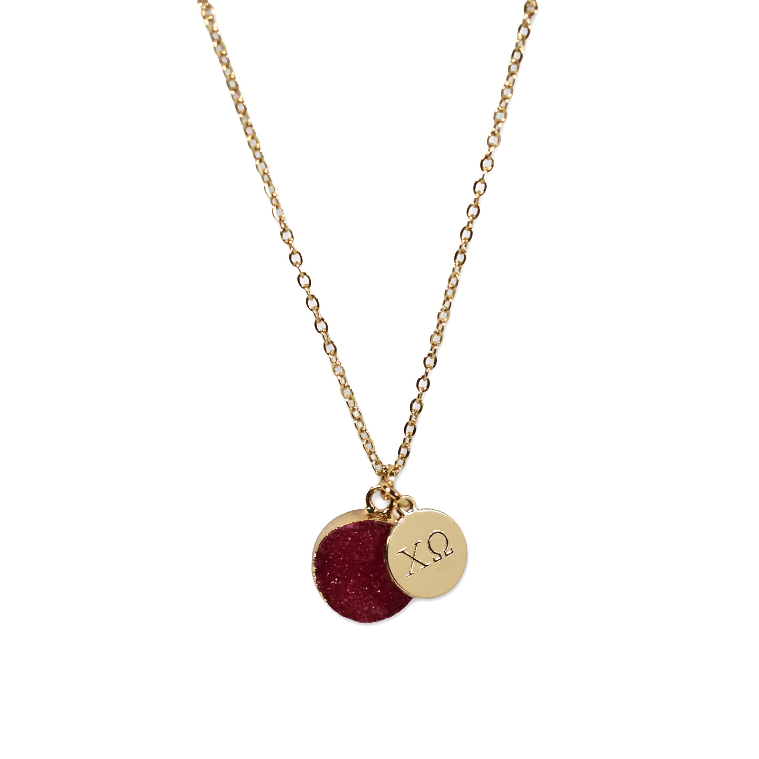 Sorority Shop CO Necklace - Chi Omega Red Druzy Gemstone Necklace With Engraved Pendant – 14K Gold Dipped Jewelry with Red Gemstone – Sorority Gift, Charm Paraphernalia