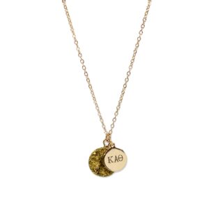 sorority shop kat necklace - kappa alpha theta metallic gold druzy gemstone necklace with engraved pendant – 14k gold dipped jewelry with gold gemstone – sorority gift, charm paraphernalia