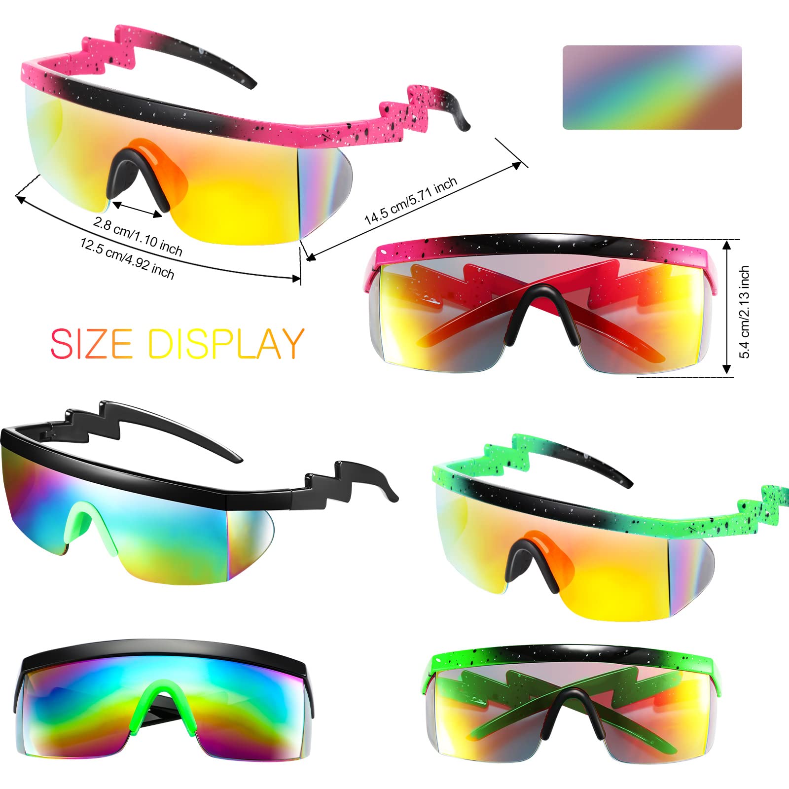 3 Pairs Neon Retro Semi Rimless Sunglasses 80s 90s Zigzag Sunglasses Colored Transparent Lens Sun Glasses for Men Women (Bright Color)