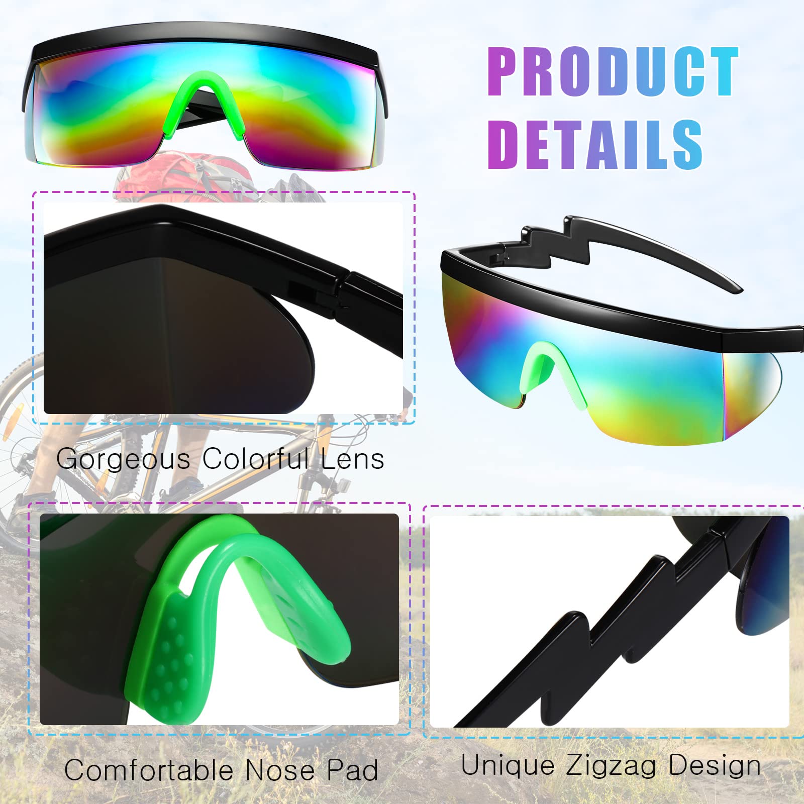 3 Pairs Neon Retro Semi Rimless Sunglasses 80s 90s Zigzag Sunglasses Colored Transparent Lens Sun Glasses for Men Women (Bright Color)