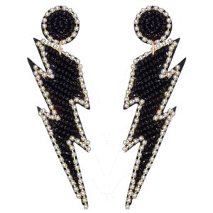 beaded lightning earrings for women statement lightning bolt dangle earrings sparkling rhinestone bead drop earrings holiday party gifts (black)