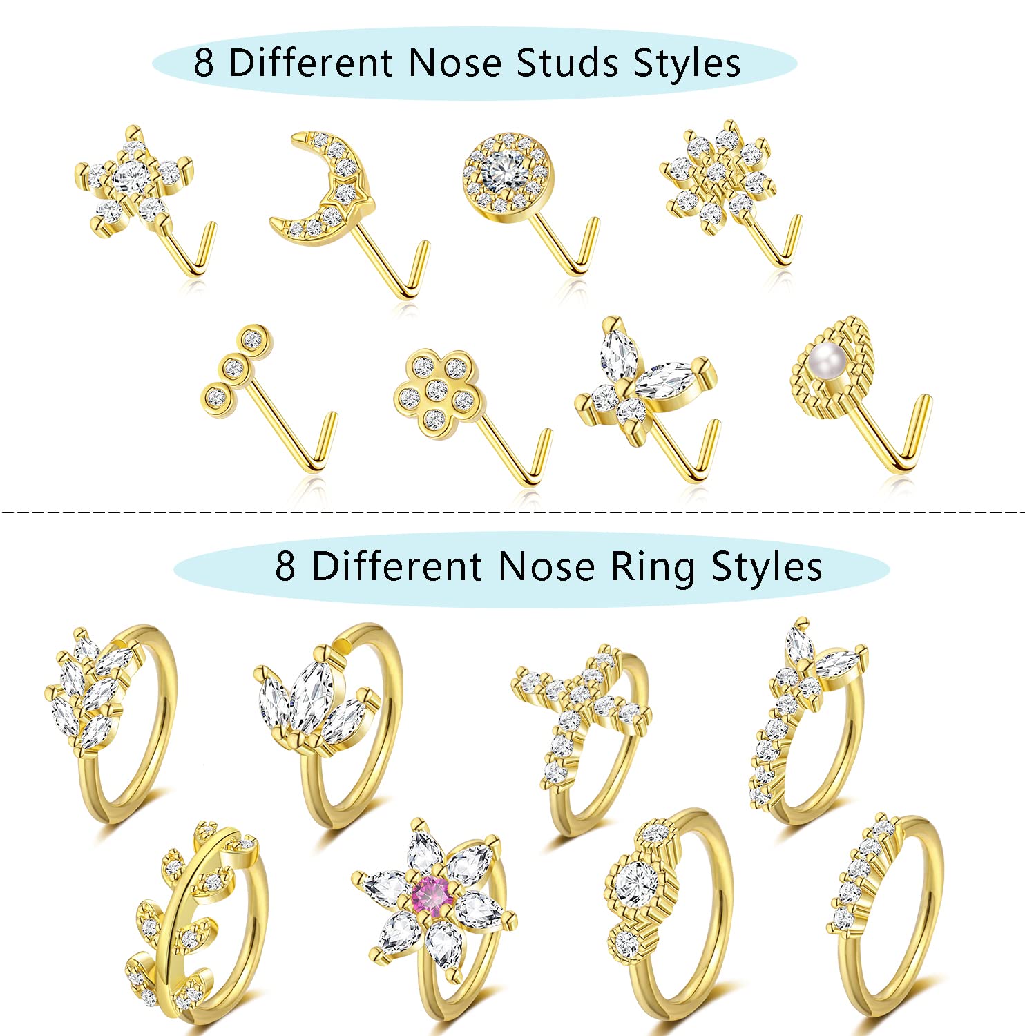 ZNBOH 16Pcs 20G Stainless Steel Nose Rings Hoop for Women Men Paved CZ Cartilage Earring Hoop Cute Butterfly Flower Nose Piercing Jewelry Gold Black Rose Gold