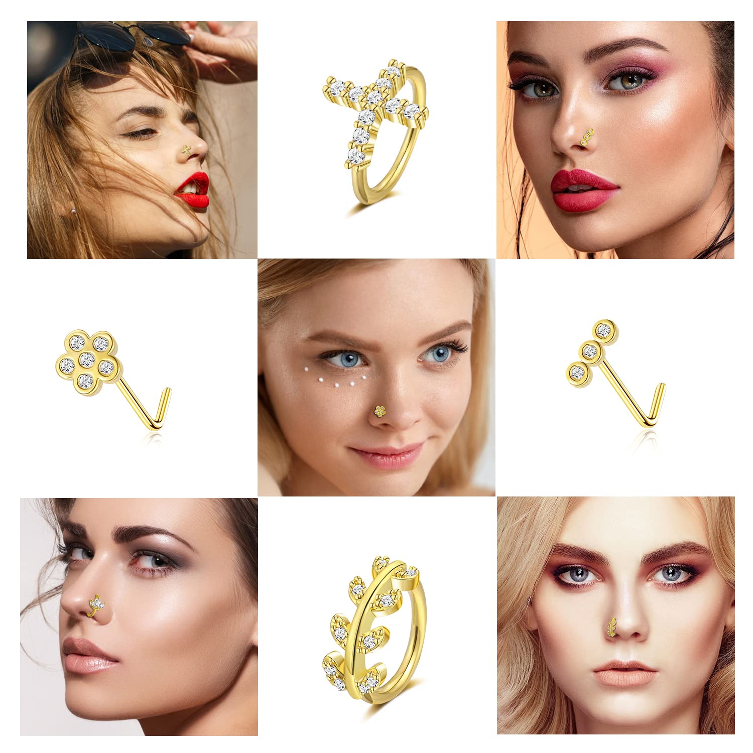 ZNBOH 16Pcs 20G Stainless Steel Nose Rings Hoop for Women Men Paved CZ Cartilage Earring Hoop Cute Butterfly Flower Nose Piercing Jewelry Gold Black Rose Gold