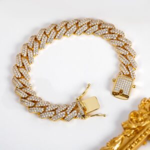 Gemsme 18K Yellow Gold Plated Bracelet 13MM Full Iced Out Cubic Zirconia Cuban Link Chain Hip Hop Bracelet for Men Women 7.5 Inch