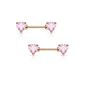 pair 14g 1/2" rose gold prong set 7mm pink heart shape cz nipple rings barbells