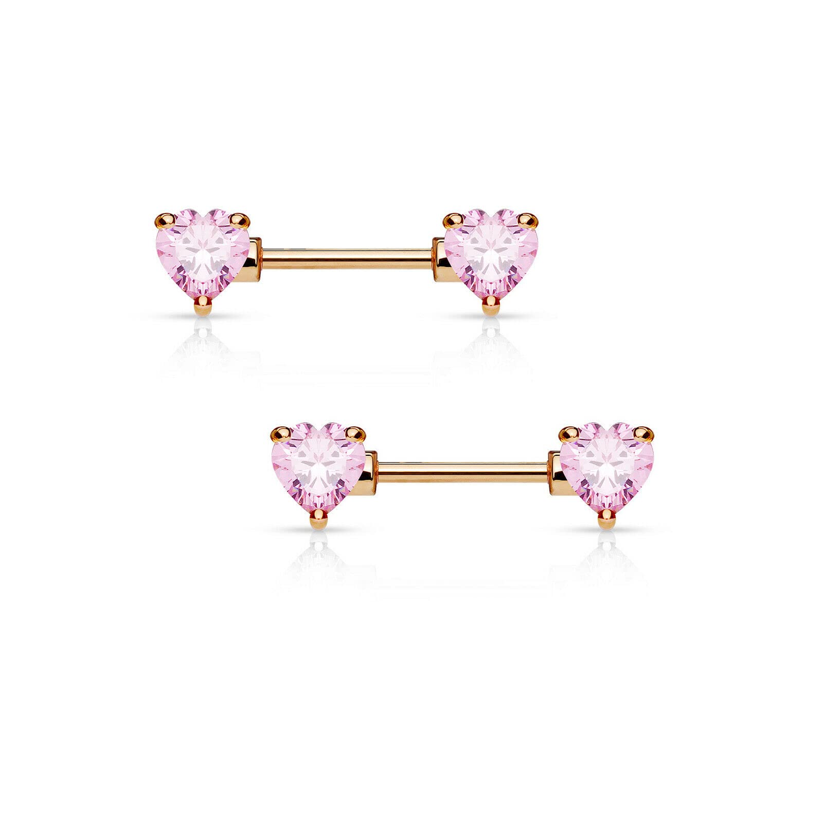 Pair 14g 1/2" Rose Gold Prong Set 7mm Pink Heart Shape CZ Nipple Rings Barbells