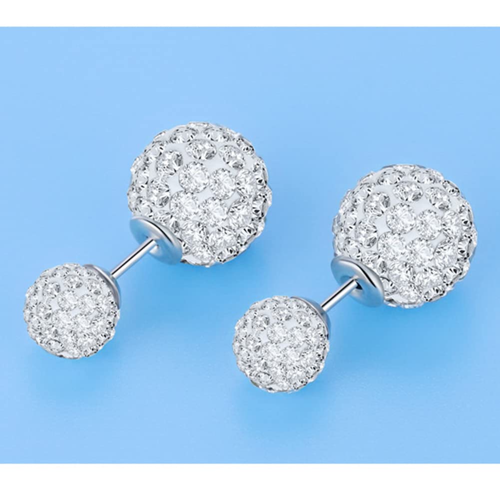 BG&WLing Front Back Earrings Crystal Ball Earring Studs Sparkly Double Ball Sterling Silver Post Stud Earrings Hypoallergenic Dainty Jewelry for Women