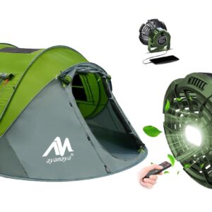 ayamaya Cmping Fan + 4 Person Pop Up Tent, Waterproof Tent & Rechargeable Tent Fan with LEDs Remote Control for Camping