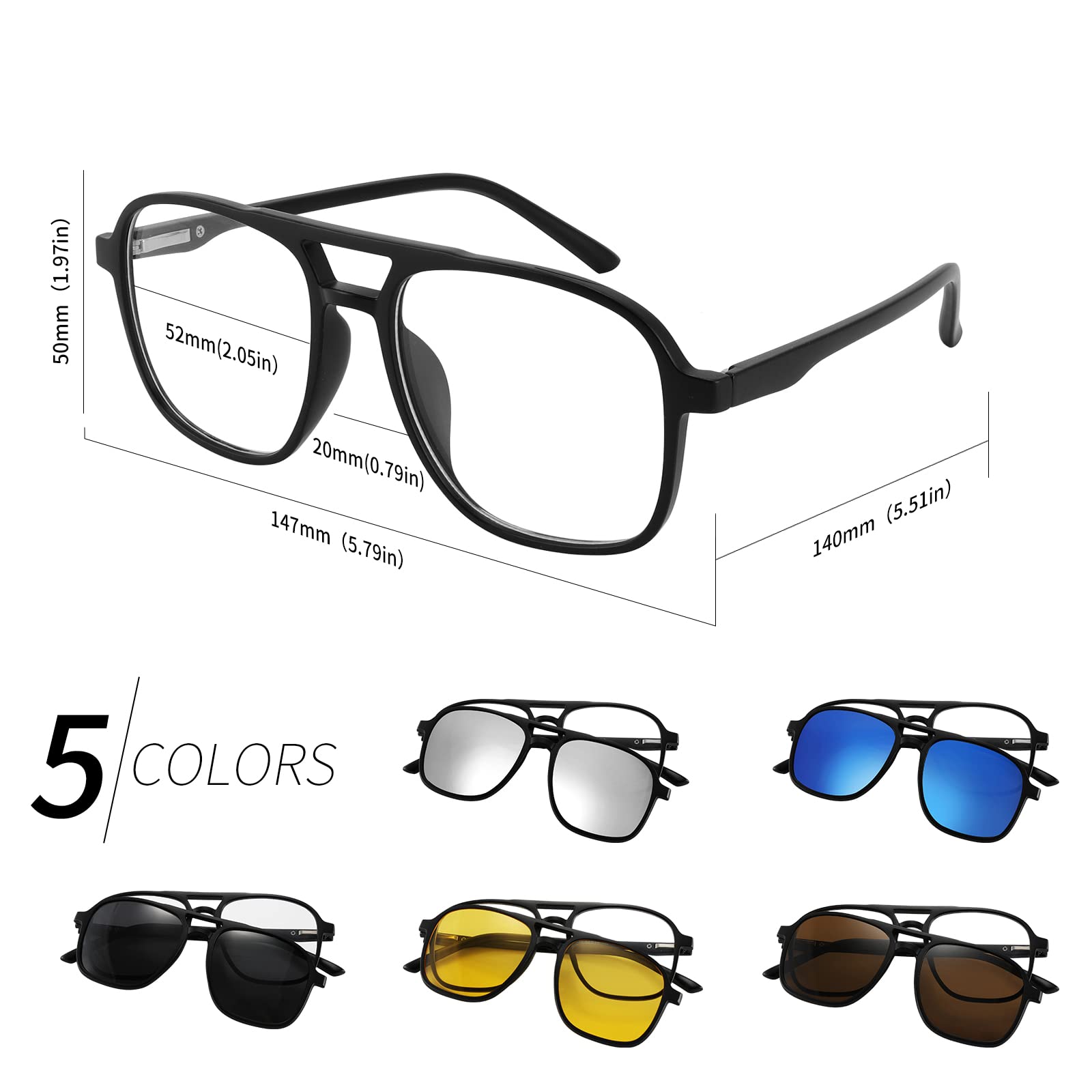 FEISEDY Magnetic Clip on Sunglasses TR90 Square Aviator Frame TAC 5pcs Replacement Lens Set Sunglasses for Men Women Day & Night Driving B2884