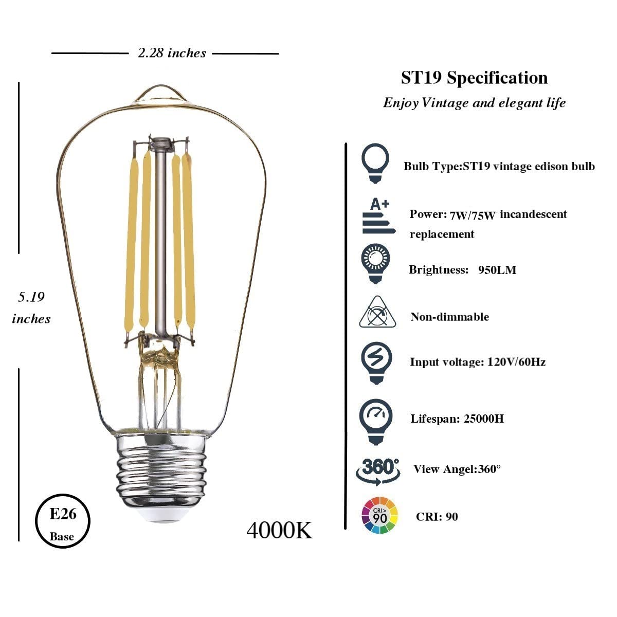 winsaLED Light Bulbs 75 watt, LED Bulbs 60~75 Watt Equivalent, 7W=75W, High Bright 850lm E26 Medium Base, Daylight 4000K Vintage Light Bulb 12pack, Non-Dim…