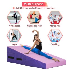 Gymnastics Mat 48”X24”X14” Incline Tumbling Mats for Home Gym, Folding Exercise Mat with Non-Slip PVC Surface & Handles, Cheese Wedge Mat for Kid Adults Workout, Pink