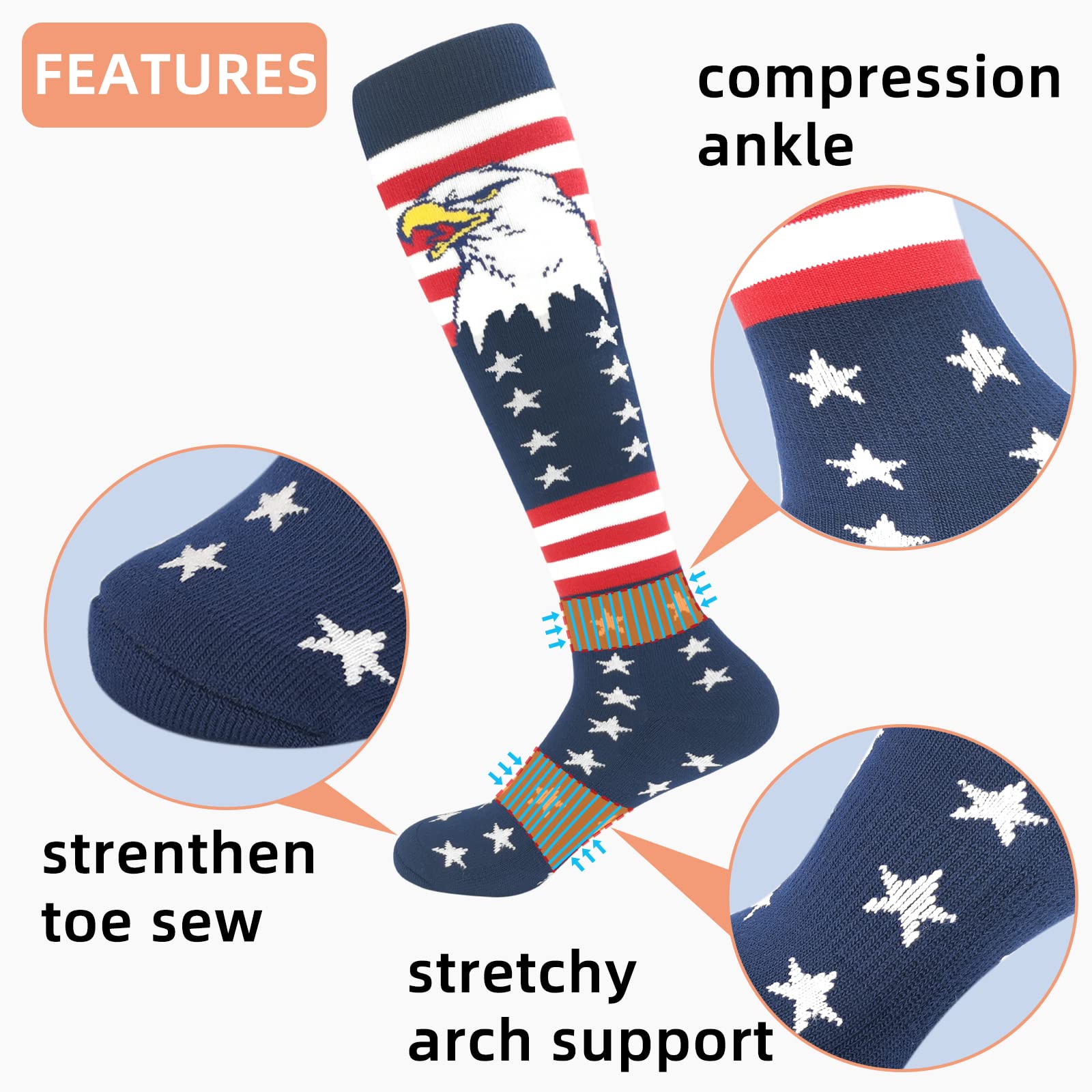 BUENWAZ Men's American Flag Baseball Socks, Athletic Knee High Football Sock, Patriotic Over the Calf Socks (1 Pack, Eagle, Size 8-12)