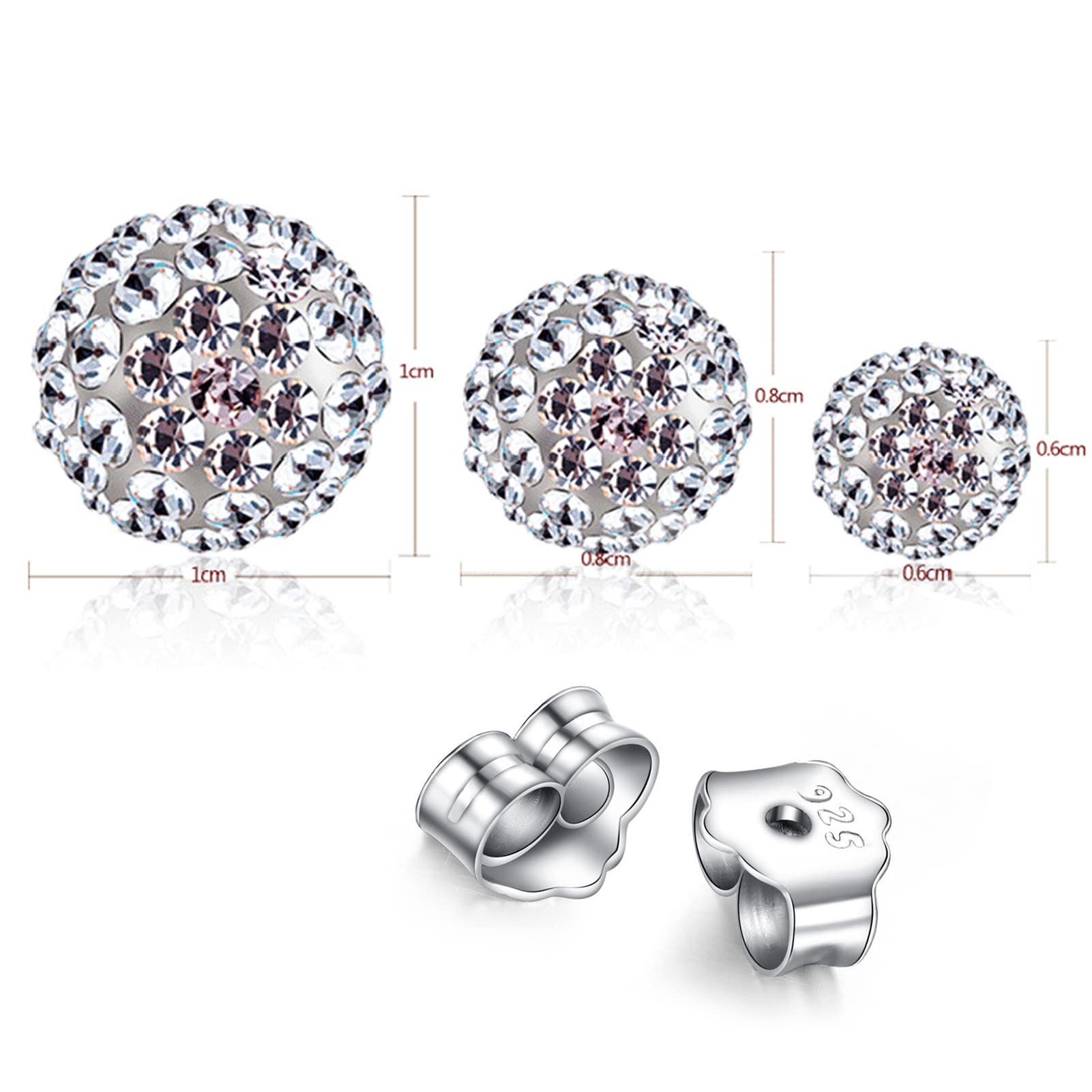 BG&WLing 3 Pieces Crystal Ball Stud Earrings Set for Women, 3 Different Size Sparkle Disco Ball Earring Studs