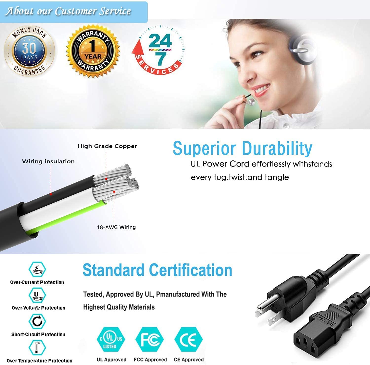 BestCH AC in Power Cord Cable Plug for FreeMotion Treadmill Short Run Diamond Back Fitness Weider 100 XPB Elliptical Exercise Trainer Machine