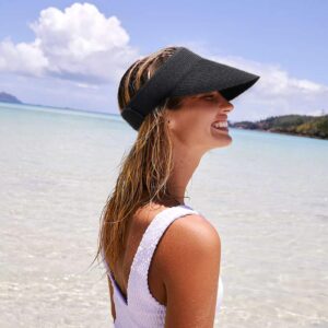 FURTALK Hat Straw Sun Visors, Summer Packable Ponytail Beach Hats for Women Travel UPF 50+ A Black