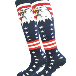 BUENWAZ Men's American Flag Baseball Socks, Athletic Knee High Football Sock, Patriotic Over the Calf Socks (1 Pack, Eagle, Size 8-12)