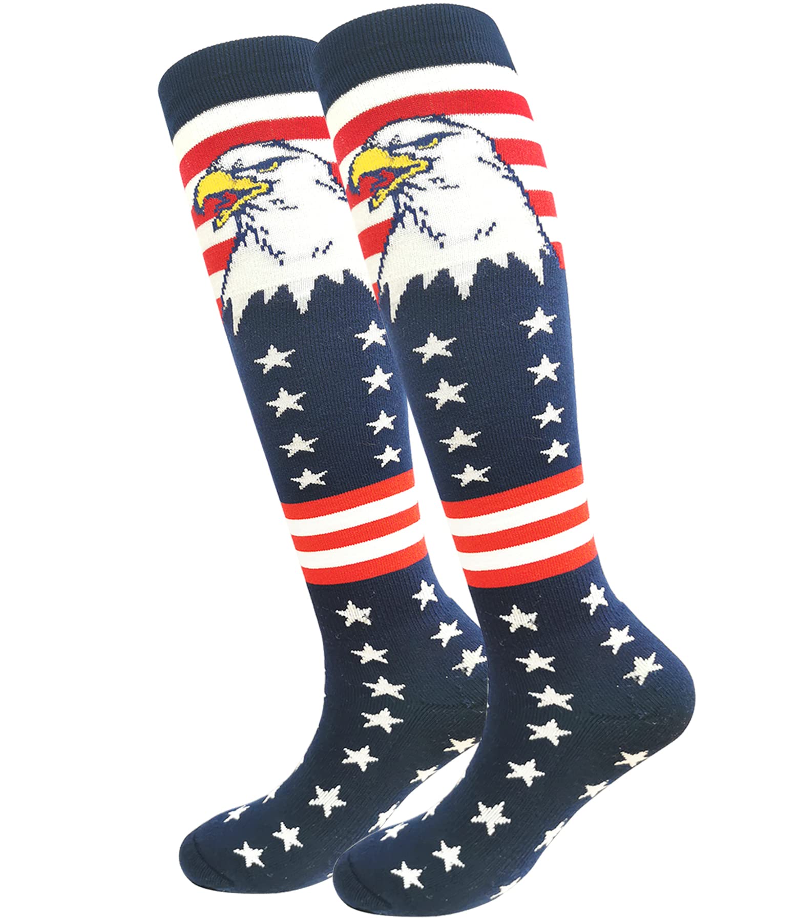 BUENWAZ Men's American Flag Baseball Socks, Athletic Knee High Football Sock, Patriotic Over the Calf Socks (1 Pack, Eagle, Size 8-12)