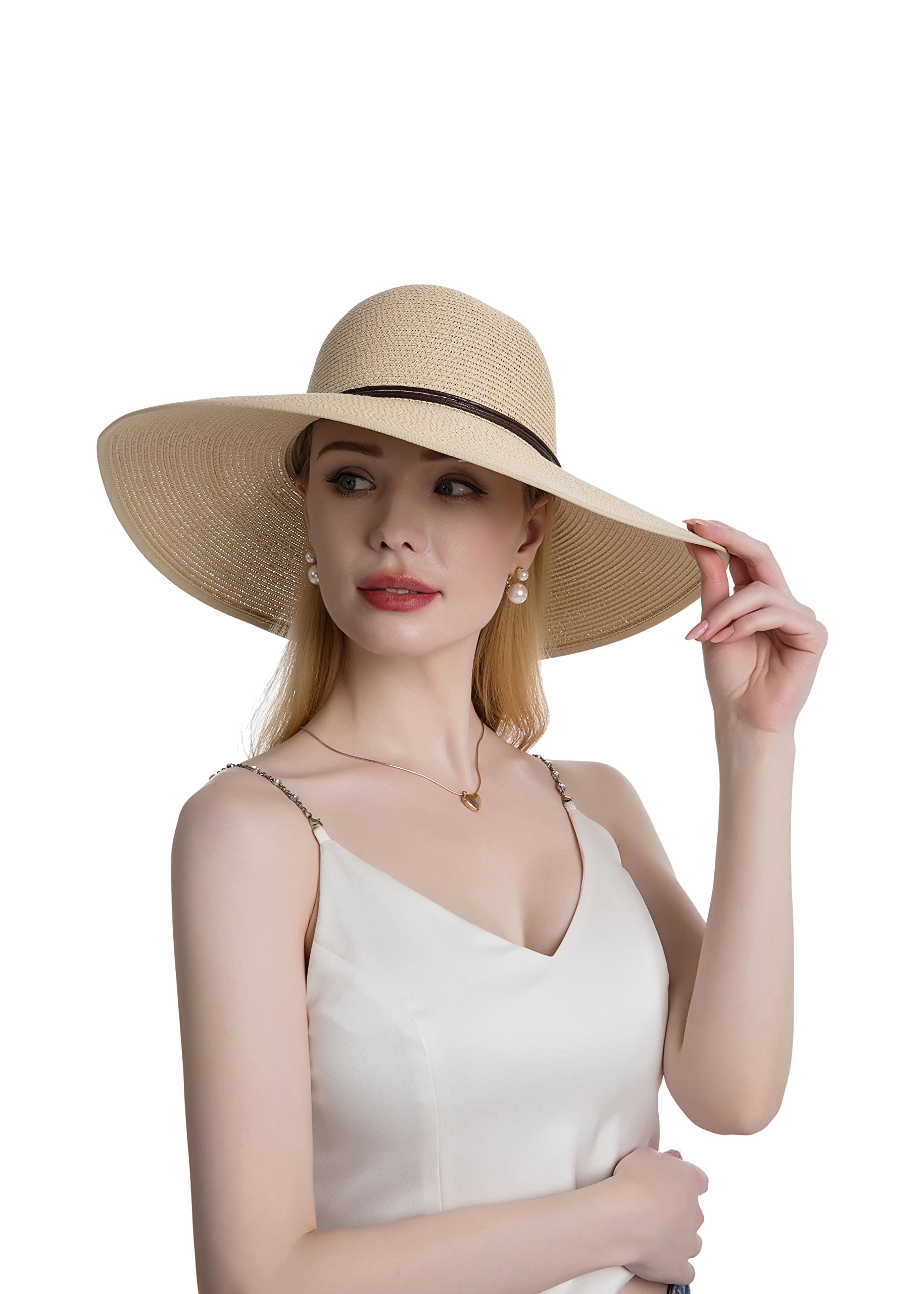 Koreshion Women Summer Wide Brim Straw Hat Beach Foldable Sun Hats Floppy Roll Up Cap Uv UPF 50+ Caps Khaki