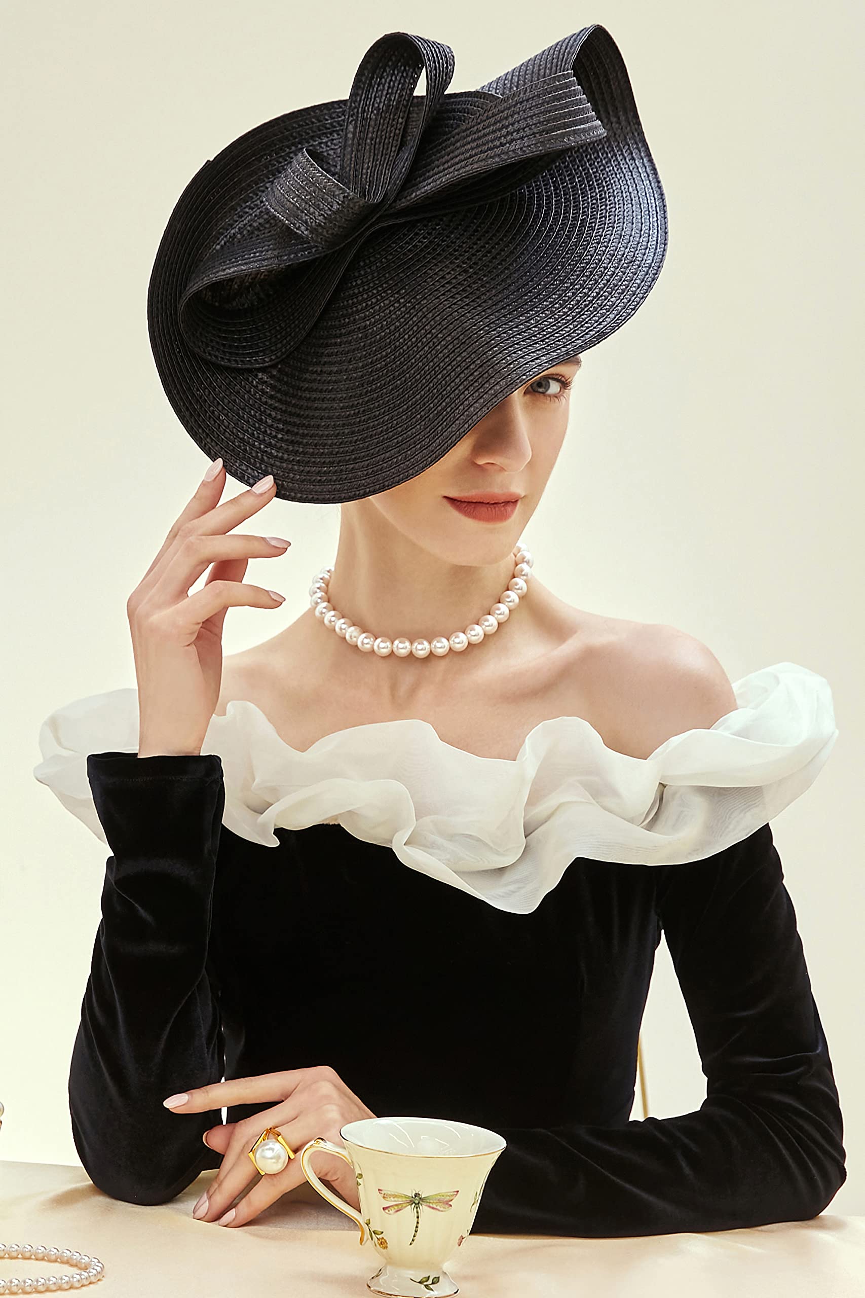 BABEYOND Tea Party Fascinator Kentucky Hat Women’s Fascinator Derby Straw Pillbox Hat for Cocktail Wedding Black