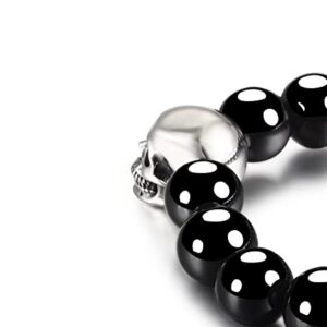 Skullis 0.7" 925 Sterling Silver Carved Skull & Black Obsidian Beads Bracelet, Crystal Healing. (M, Fit wrist size: (171-186) mm)