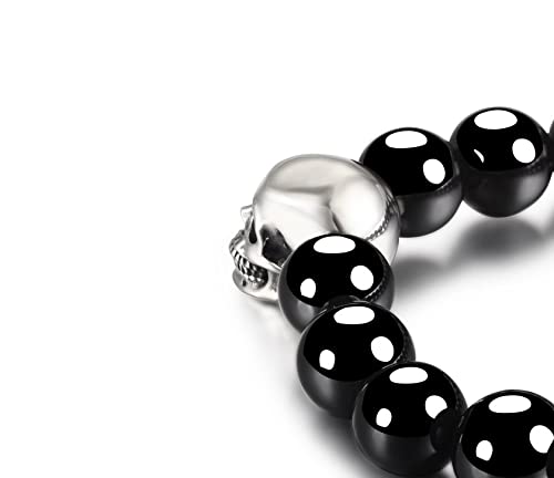 Skullis 0.7" 925 Sterling Silver Carved Skull & Black Obsidian Beads Bracelet, Crystal Healing. (M, Fit wrist size: (171-186) mm)