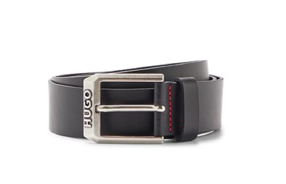 HUGO Men's Logo Buckle Leather Belt, Black Oil, one Size