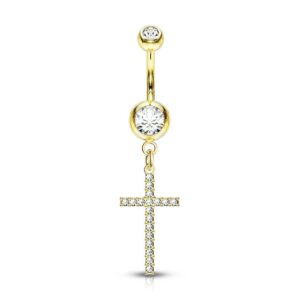 crystal paved cross 14k gold plated rose gold surgical steel navel belly ring - gold