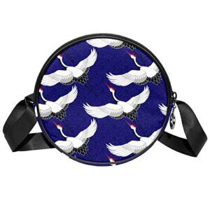 crane birds pattern crossbody bag for women teen girls round canvas shoulder bag purse tote handbag bag