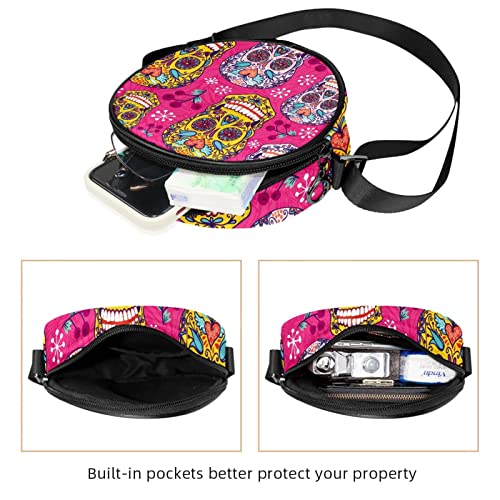 Pink Skulls Novelty Crossbody Bag for Women Teen Girls Round Canvas Shoulder Bag Purse Tote Handbag Bag