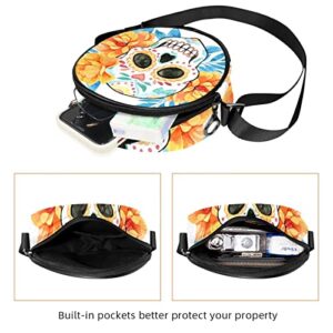 Colorful Skull Crossbody Bag for Women Teen Girls Round Canvas Shoulder Bag Purse Tote Handbag Bag