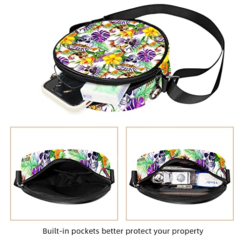 Funny Skull with Leaves Crossbody Bag for Women Teen Girls Round Canvas Shoulder Bag Purse Tote Handbag Bag