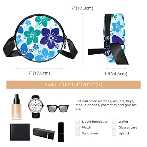 Watercolor Hawaiian Hibiscus Flowers Crossbody Bag for Women Teen Girls Round Canvas Shoulder Bag Purse Tote Handbag Bag