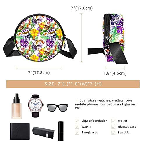 Funny Skull with Leaves Crossbody Bag for Women Teen Girls Round Canvas Shoulder Bag Purse Tote Handbag Bag