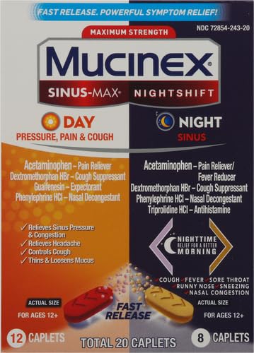 Mucinex Maximum Strength Sinus-Max (Day) Pressure, Pain & Cough & Nightshift (Night) Sinus Caplets, Fast Release, Powerful Multi-Symptom Relief, 20 caplets (12 Day time + 8 Night time)