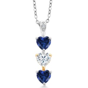 gem stone king 925 silver and 10k yellow gold blue created sapphire moissanite and white lab grown diamond 3 stone heart shape pendant necklace by keren hanan (1.43 cttw, with chain)