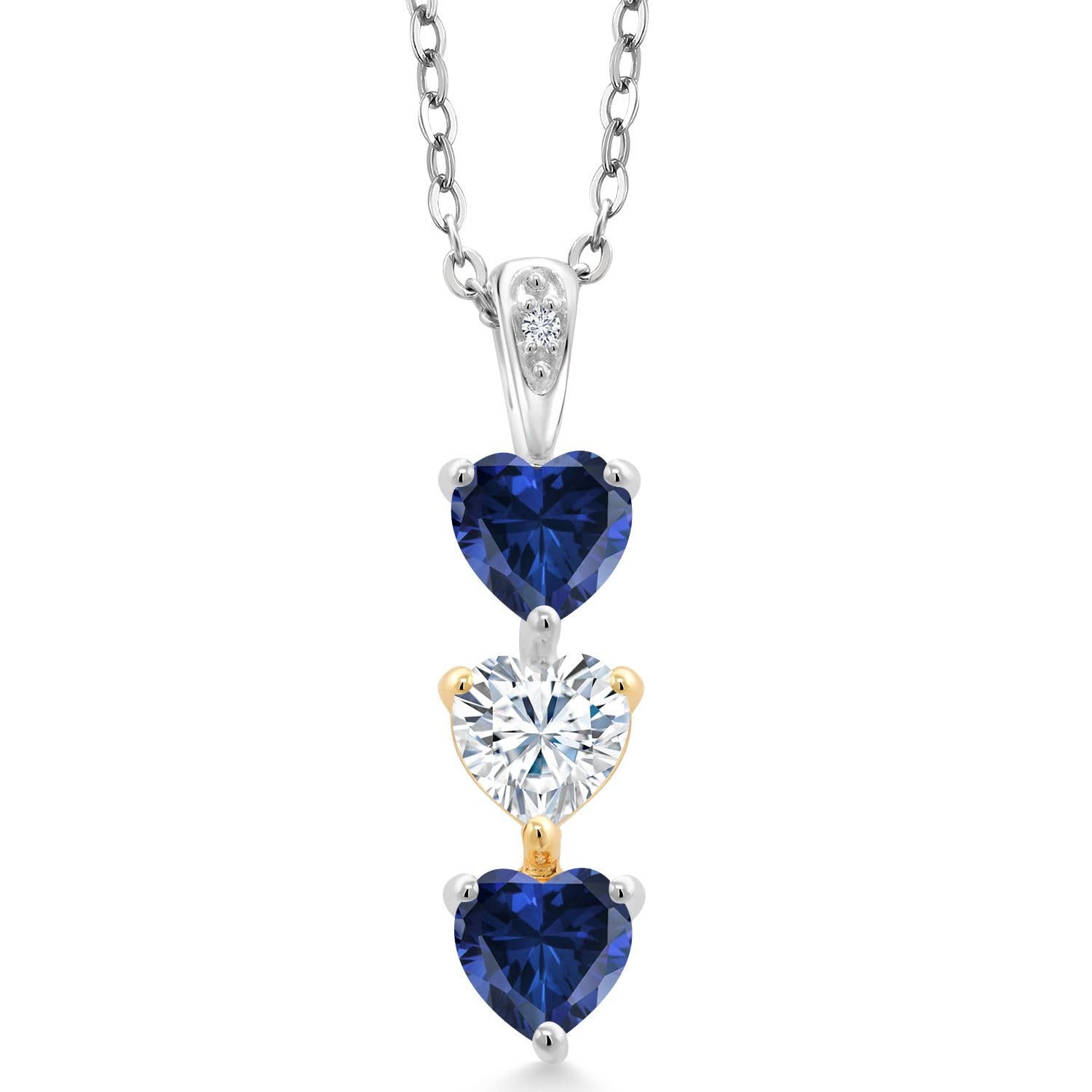 Gem Stone King 925 Silver and 10K Yellow Gold Blue Created Sapphire Moissanite and White Lab Grown Diamond 3 Stone Heart Shape Pendant Necklace By Keren Hanan (1.43 Cttw, with Chain)