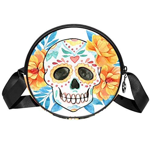 Colorful Skull Crossbody Bag for Women Teen Girls Round Canvas Shoulder Bag Purse Tote Handbag Bag