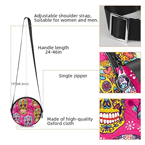 Pink Skulls Novelty Crossbody Bag for Women Teen Girls Round Canvas Shoulder Bag Purse Tote Handbag Bag