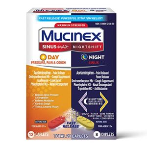 mucinex maximum strength sinus-max (day) pressure, pain & cough & nightshift (night) sinus caplets, fast release, powerful multi-symptom relief, 20 caplets (12 day time + 8 night time)