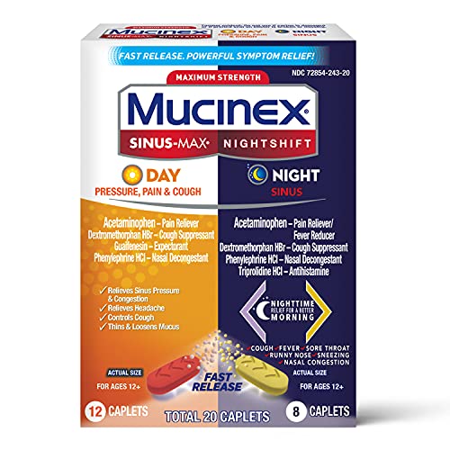 Mucinex Maximum Strength Sinus-Max (Day) Pressure, Pain & Cough & Nightshift (Night) Sinus Caplets, Fast Release, Powerful Multi-Symptom Relief, 20 caplets (12 Day time + 8 Night time)