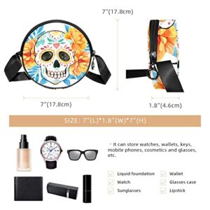 Colorful Skull Crossbody Bag for Women Teen Girls Round Canvas Shoulder Bag Purse Tote Handbag Bag