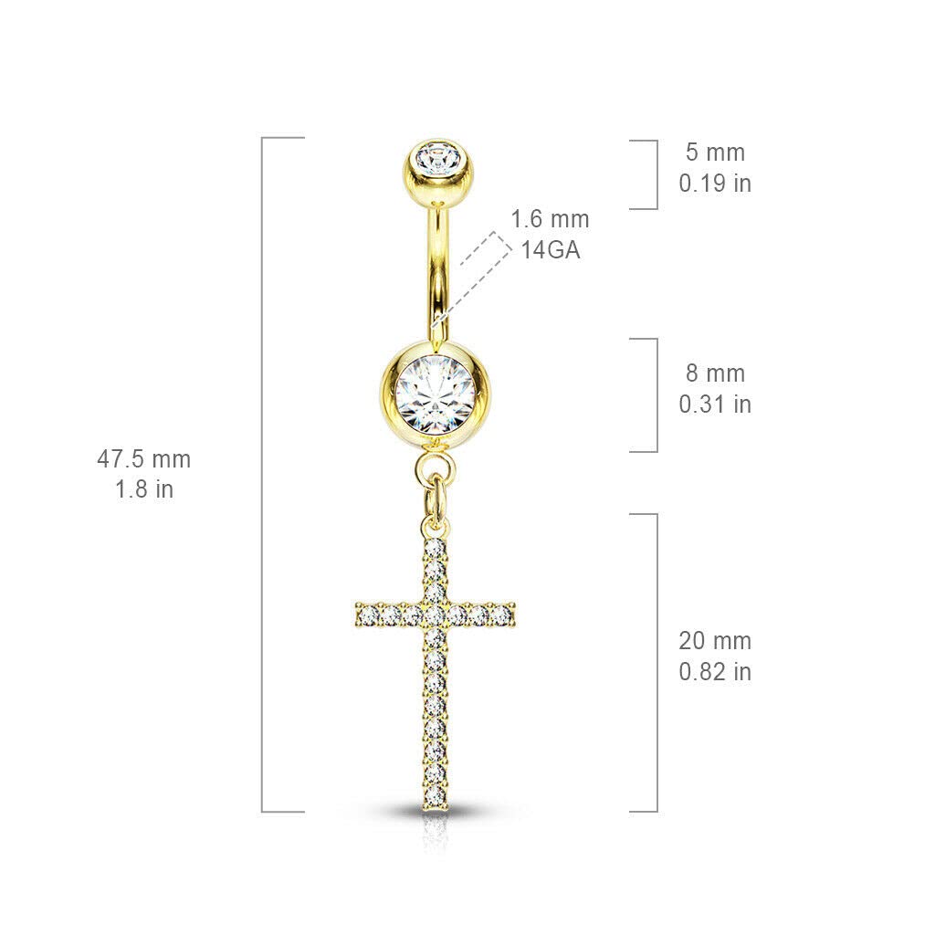 Crystal Paved Cross 14K Gold Plated Rose Gold Surgical Steel Navel Belly Ring - Gold