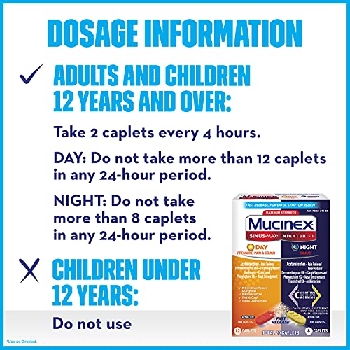 Mucinex Maximum Strength Sinus-Max (Day) Pressure, Pain & Cough & Nightshift (Night) Sinus Caplets, Fast Release, Powerful Multi-Symptom Relief, 20 caplets (12 Day time + 8 Night time)